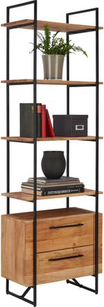 Landscape Regal, Schwarz, Akazie, Holz, Akazie, massiv, 4 Fächer, 2 Schubladen, 60x188x35 cm, Wohnzimmer, Regale, Bücherregale