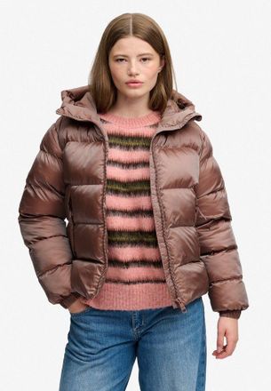 Superdry Steppjacke HOODED SHINE PUFFER JACKET Kunstfaser, slim fit, in gl&auml;nzender Optik