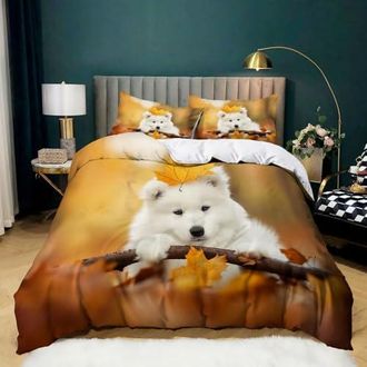 Generic Housse de Couette Chiots Samoy&egrave;des Animaux 90 x 190 cm, Parure de Lit Animal Compagnie 1 Personnes - House de Couette Microfibre avec Fermeture Eclair