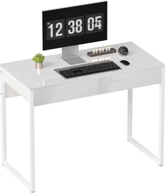 HOMCOM Bureau - HOMCOM - avec 2 tiroirs - 100 x 50 cm - pied en acier - pour petits espaces - blanc brillant