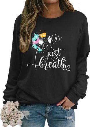 Dresswel Damen Löwenzahn Sweatshirt Langarmshirt Just Breath Pusteblume Schmetterling Drucken Pullover Herbst Winter Bluse Tops Oberteile