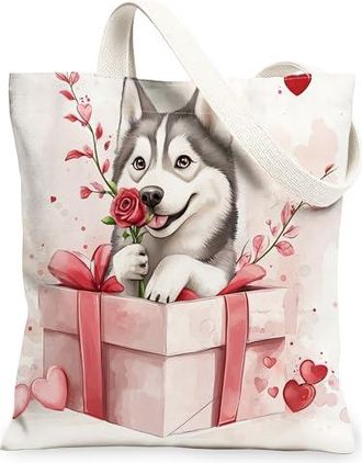Generic Sac fourre-tout en toile motif chien Husky pour le shopping, 33 x 38 cm, cadeau amusant pour la Saint-Valentin, sac d&eacute;picerie r&eacute;utilisable pour femme,