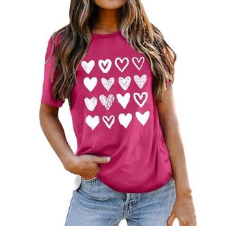 Generic T-shirt graphique &agrave; manches courtes pour femme avec motif coeur pour la Saint-Valentin 2026, rose vif, XXL