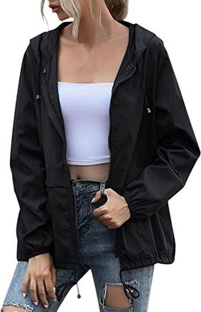 Generic Veste de pluie &agrave; capuche pour femme 2026 - Couleur unie - Avec poche zipp&eacute;e, Noir, XXL