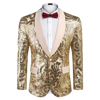 Generic Blazer &agrave; paillettes pour homme - Motif floral dor&eacute; brillant - Pour discoth&egrave;que, discoth&egrave;que, soir&eacute;e - Manteau de sport, Gold1., XXL