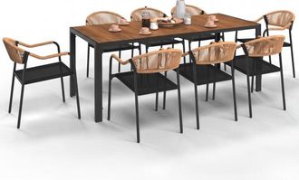IDMarket Salon de jardin MADEIRA table 190 cm et 8 chaises cordage et textil&egrave;ne noir et rotin clair