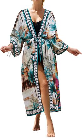Bsubseach Kimono Cover Ups f&uuml;r Bademode Frauen Boho Badeanzug Coverup Strand Duster Lang Sommer Strickjacke Trees