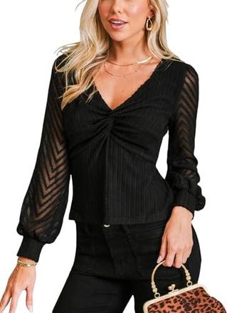 Cupshe Chemisier en maille à manches longues et col en V pour femme, Noir, XL