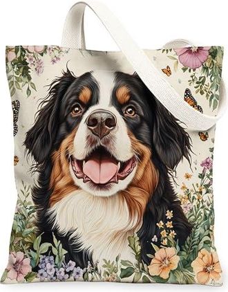 Generic Sac fourre-tout en toile motif chien de montagne bernois printanier 33 x 38,1 cm, sac d&eacute;picerie r&eacute;utilisable pour femme, animal de compagnie, motif vo