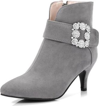 Generic Gris,41 EU,Bottines à Talon Chaton pour Femmes, Bout Pointu, Fermeture éclair latérale, Bottines à Talons dautomne avec Bride à Boucle en Strass, Chau