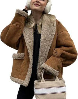 Generic Veste dhiver d&eacute;contract&eacute;e en similicuir su&eacute;d&eacute; pour femme, manteau de veste doubl&eacute; sherpa duveteux (Marron,Grand)