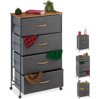 Relaxdays Armoire &agrave; tiroirs sur roulettes, Tiroirs en tissu, Commode d&eacute;corative, plaque effet bois,HlP:96,5x58x30cm gris - Relaxdays