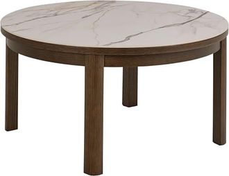 AC Design Furniture Ea rund Couchtisch, Tischplatte Creme poliert keramisch, Gestell Rauch NC lackiert Eiche Furnier, Ø90x45 cm, Beige