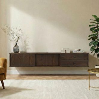 IDIMEX Lowboard Simona 175 cm h&auml;ngend aus Massivholz, Nussbaum Finish - TV Schrank mit 2 Schiebet&uuml;ren und Schubladen, Wohnzimmerm&ouml;bel im Mid Century Style, i