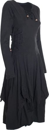 vishes Alternative Bekleidung- Langes Langarm Damen Kleid Ballonkleid Bio-Baumwolle Einfarbig mit Schn&uuml;rung V-Ausschnitt schwarz 38-40