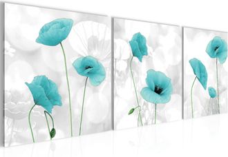 Runa Art Bilder Blumen Mohnblume 3 Teilig Bild auf Vlies Leinwand Deko Wohnzimmer 90 x 30 cm Abstrakt Türkis Grau 028234c