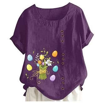 Generic Chemise &agrave; manches courtes en lin pour femme grande taille - Chemisier ample pour femme - Chemises blanches boh&egrave;me baggy chemises de sortie hauts chemi