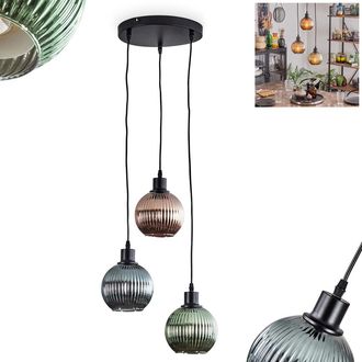 HOFSTEIN Hängeleuchte Mo, Hängelampe aus Metall/Riffelglas in Schwarz/Grün/Blau/Kupferfarben, Leuchte im modernen Vintage-Design mit Schirmen aus Glas, Höhe ma