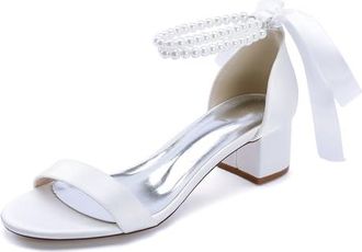 Generic Chaussures Mariage Femme Talon Bloc Bout Ouvert Talons Bas Sandales Mode &Eacute;t&eacute; Satin Mari&eacute;e Dress F&ecirc;te Hauts 4.5Cm,Blanc,40 EU