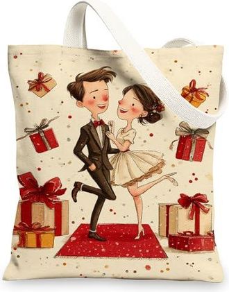Generic Sacs fourre-tout en toile pour couple - Illustration romantique de mariage - Réutilisables - Légers et lavables - Avec bandoulière, beige, 13x15 Inch