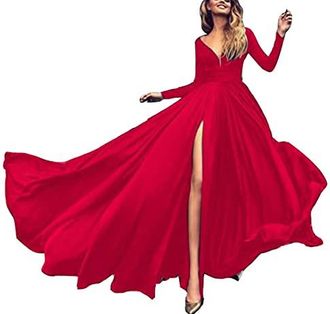 ORANDESIGNE Femme Fendue Drapée Irrégulière Col en V Manches Longues élégante Soirée Robe Maxi Robe Robe de Bal A Rouge S