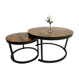 Relaxdays Satztisch 2er Set, Industrial Design, &Oslash; 50 cm & 70 cm, Holzoptik & Metall, runde Beistelltische, braun/schwarz