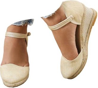 Generic Sandales d&eacute;t&eacute; habill&eacute;es pour femme avec sangle de cheville, bout ferm&eacute;, espadrilles compens&eacute;es &agrave; boucle, sandales habill&eacute;es d&eacute;contract&eacute;es ferm&eacute;es &agrave; bo