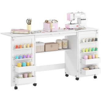 HOMCOM Table de couture pliante, meuble couture &agrave; roulettes, 2 portes magn&eacute;tiques, 4 bacs, 20 crochets, 160x40x81,5cm, blanc-Blanc