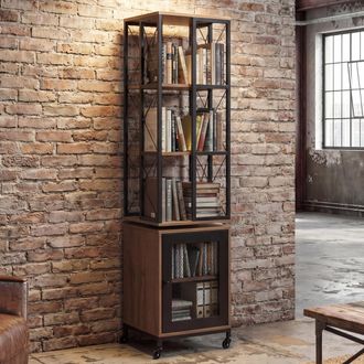 Mendler B&uuml;cherregal HWC-P13, Standregal Drehregal, Rollen drehbar T&uuml;r, Metall Industrial Melamin MVG 162x40x42cm - braun