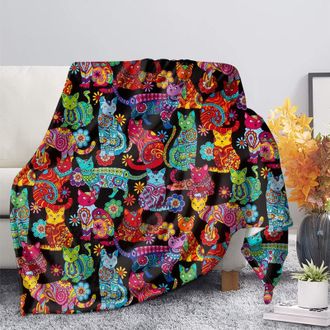 Hugs Idea Decke mit floralem Katzenmuster Bohemian-Stil ethnisch Tribal-Blume Cartoon-Katze Neuheit Design Überwurf Decke Schlafsleben Winter Herbst weich kusch
