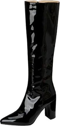 Generic Bottes hautes en cuir PU verni à bout pointu avec fermeture éclair et doublure en fourrure pour femme, Noir, 37.5 EU