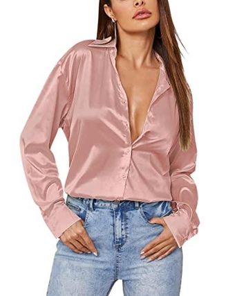 Zeagoo Chemisier en satin &agrave; col en V pour femme - Chemisier d&eacute;contract&eacute; en satin - Chemisier en soie - Haut &agrave; manches longues, rose, XXL