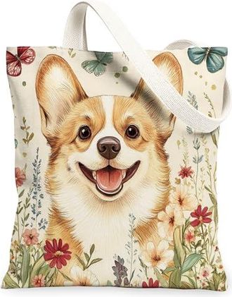 Generic Spring Corgi Sac fourre-tout en toile pour faire du shopping 33 x 38,1 cm, sac d&eacute;picerie r&eacute;utilisable pour femme, animal de compagnie, motif de voyage