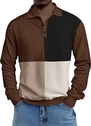 Generic Polo &agrave; manches longues en coton pour homme - &Eacute;l&eacute;gant - T-shirt ample - Imprim&eacute; blocs de couleurs - Chemise &agrave; col avec boutonni&egrave;re - Haut confortable, 