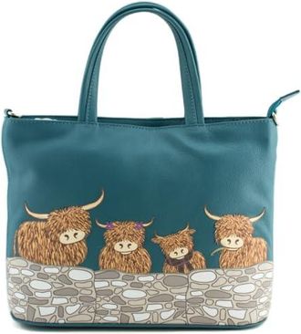 Mala Leather Bella Highland Cow Family Sac à main en cuir souple véritable avec bandoulière amovible Motif vache Highland 29,5 x 23 x 8 cm Gris noir ou bleu sarcel