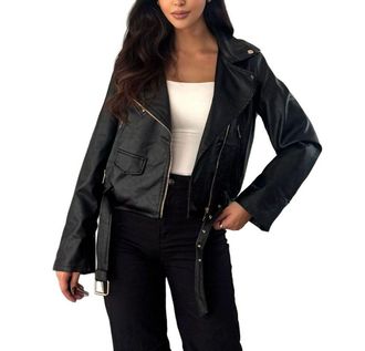 Ital-Design Lederimitatjacke Moderne Bikerjacke aus Kunstleder f&uuml;r Damen (90764012) Bikerjacke in Schwarz