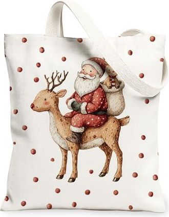 Generic Sacs fourre-tout en toile avec imprim&eacute; P&egrave;re No&euml;l et cerf, sacs de courses r&eacute;utilisables, mignons, festifs, l&eacute;gers et lavables, toile pour voyage, &eacute;pic