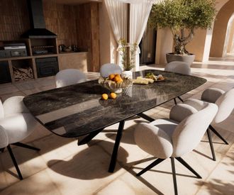 DELIFE Outdoortisch Edge Boot 240x120 cm Keramik Laminam Emperador Extra Lucidato Dunkelbraun Kreuzgestell Rechteck Schwarz, Esstische