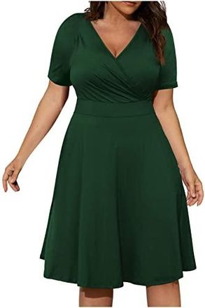 Generic Robes à manches courtes pour femme, coupe ample, grande taille, robes mi-longues, à col en V, robes mi-longues, robes dautomne et dété 2024, Z-619 Ver