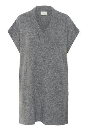 Kaffe Womens Poncho Knitted Loose Fit V-Neck Mid-Thigh Length Short Sleeves Damen, Dark Grey Melange, 42