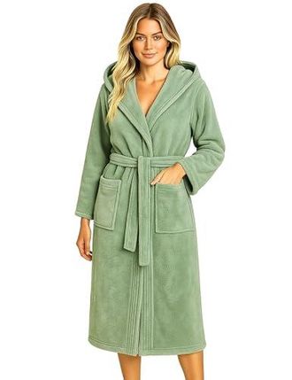 Morgenstern Peignoir de Bain Femme avec Capuche 100% Coton &Eacute;ponge OEKO-TEX Robe de Chambre Leonie Vert Roseau S