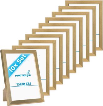 Photolini Bilderrahmen 13x18 Gold, 10x Bilderrahmen gold 13x18 Holz MDF, Fotorahmen 13 x 18 mit Acrylglas, Bilder Rahmen 13 x18 Aufhängen & Aufstellen, Picture 