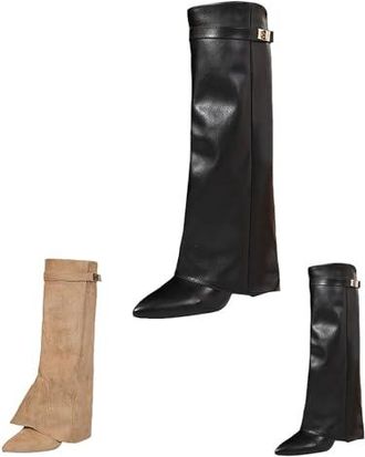 Generic Bottes hautes pour femme - En cuir - Bottes montantes - Pliable - Avec fermeture éclair latérale - Bottes longues à enfiler - Talons pointus - Élégant