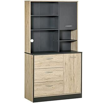 HOMCOM Buffet de Cuisine Armoire de Cuisine Multi-rangements 2 Portes 3 tiroirs 3 &eacute;tag&egrave;res + Grand Plateau 90L x 39l x 169H cm Bicolore ch&ecirc;ne Clair Gris