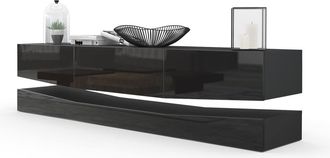 Vladon Lowboard City, Made in Germany, TV-Kommode mit Sockelelement, 1 offenem Fach und 3 Schubkästen, Schwarz matt/Schwarz Hochglanz (178 x variabel x 39 cm