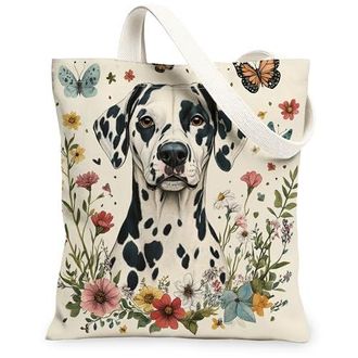 Generic Sac fourre-tout en toile motif dalmatien printanier pour le shopping, 33 x 38,1 cm, sac d&eacute;picerie r&eacute;utilisable pour femme, animal de compagnie, motif 