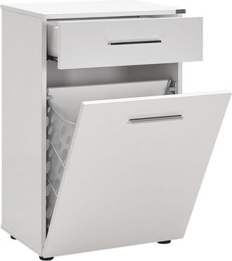 Les Tendances Les Tendances - Meuble bas blanc avec panier &agrave; linge - Dimensions L 52 x H 187 x P 38 cm - Bois m&eacute;lamin&eacute; - Pieds et poign&eacute;es en m&eacute;tal chrom&eacute;