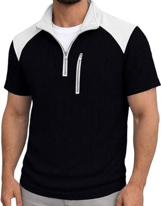 Generic Polo gaufr&eacute; avec fermeture &eacute;clair 1/4 pour homme, haut uni &agrave; manches courtes, pull tendance &agrave; col &agrave; revers, doux &agrave; porter, respirant et durable, costu