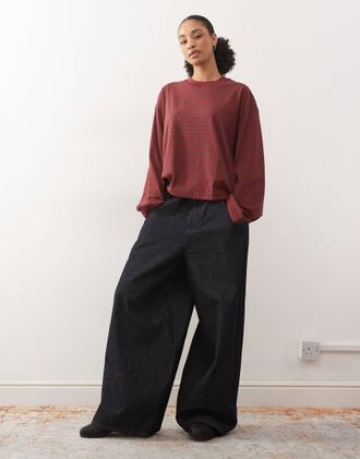 Lioness Bloom - Lang&auml;rmliges, kastiges Shirt aus Baumwollmix in Schokobraun und Weinrot mit Streifenmuster und Rundhalsausschnitt-Bunt