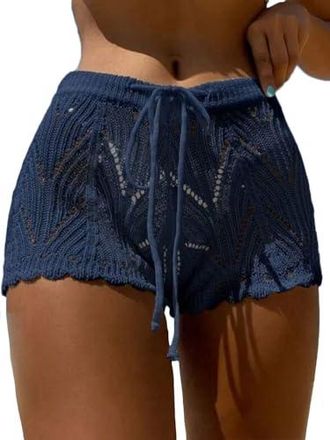 Onsoyours Short de Bain pour Femme Short de Plage Taille Élastiquée Crochet Creux Out pour Vacances Plage A Marine L